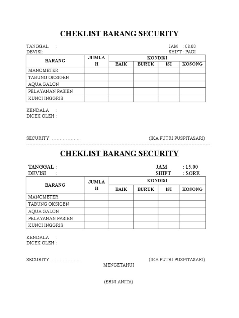 Checklist Barang untuk Security | PDF