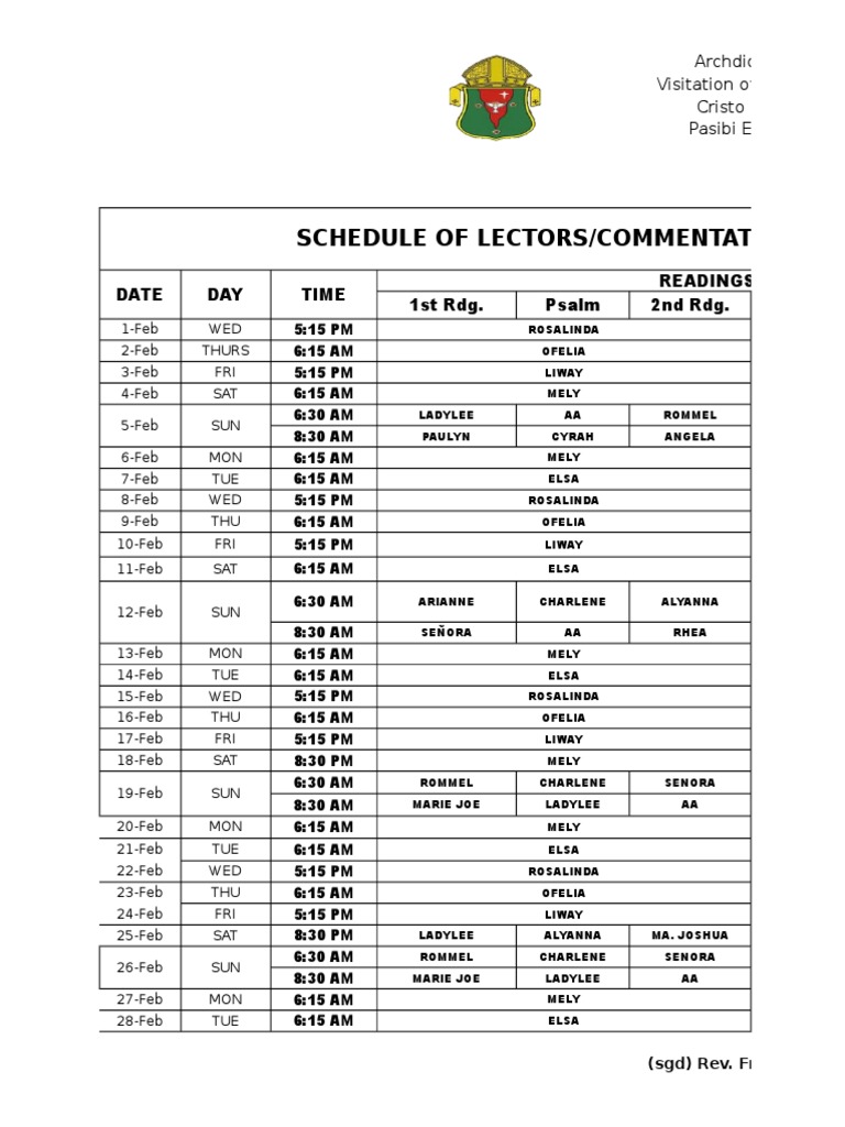 Schedule of Lectors/Commentators, Eucharistic Ministers For February ...