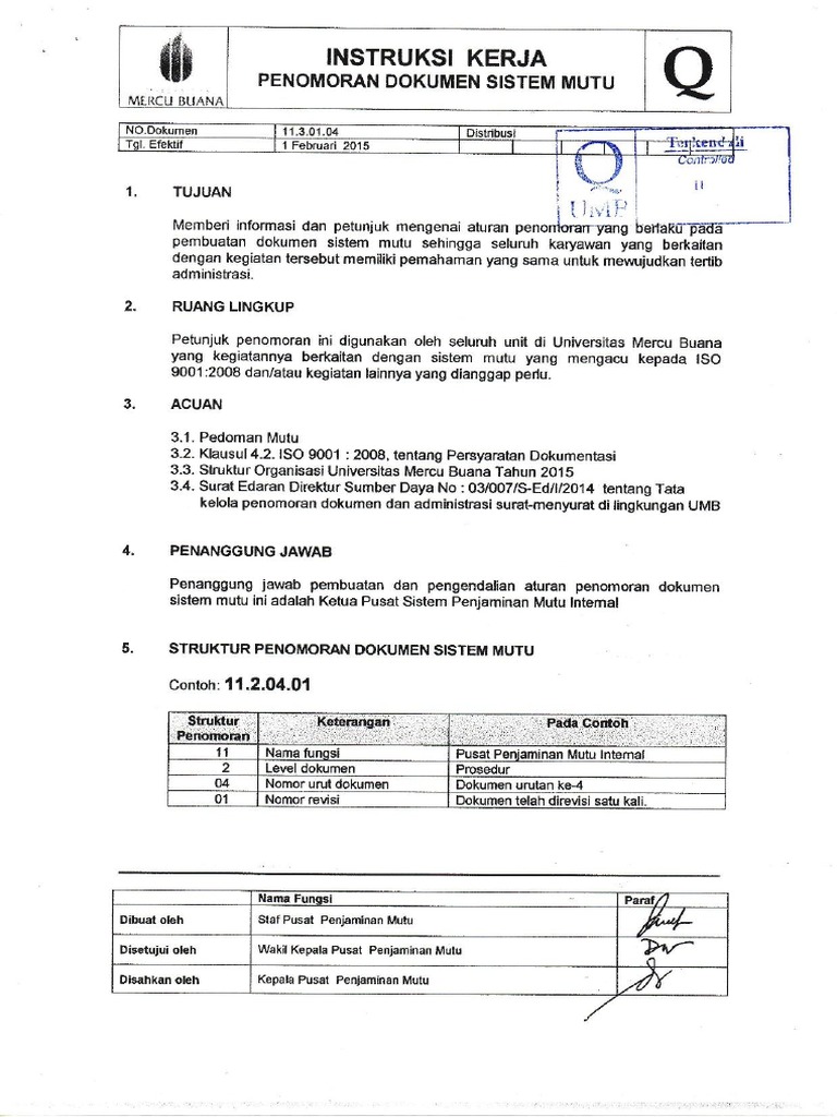 01 Instruksi Kerja Penomoran Dokumen Sistem Mutu | PDF