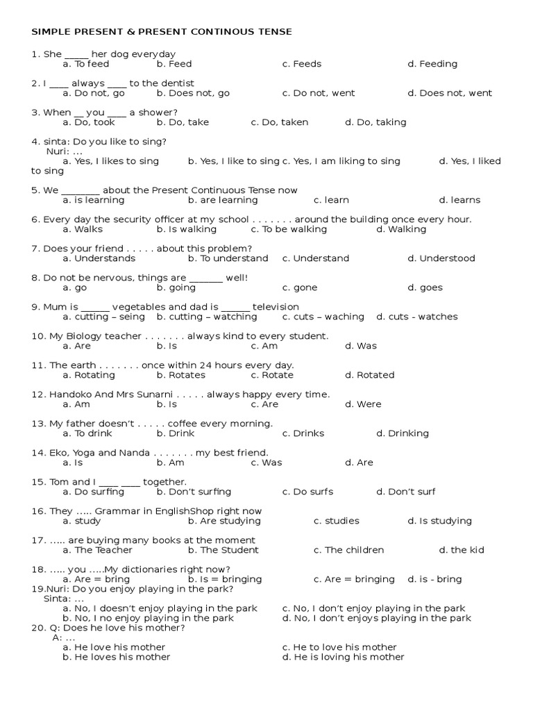 Soal Simple Present Present Cont | PDF | Verb | Syntactic Relationships