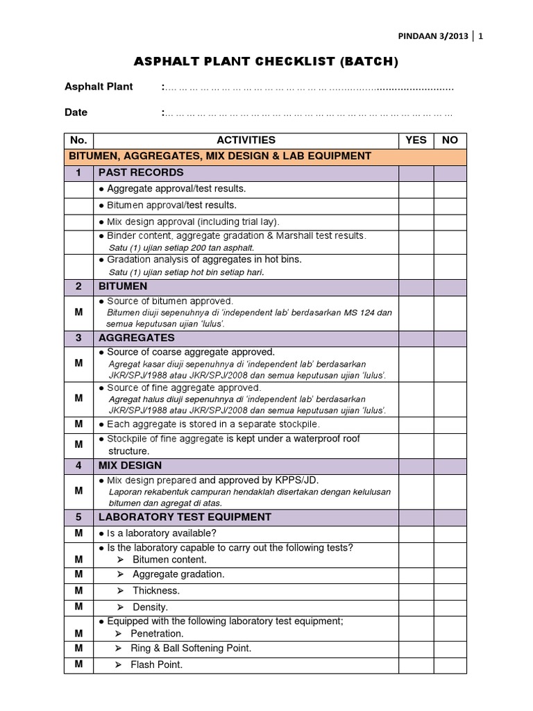 Asphalt Plant Inspection Checklist | PDF | Weighing Scale | Calibration