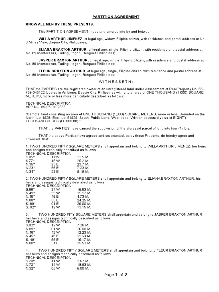 Partition Agreement | PDF | Private Law | Property Law