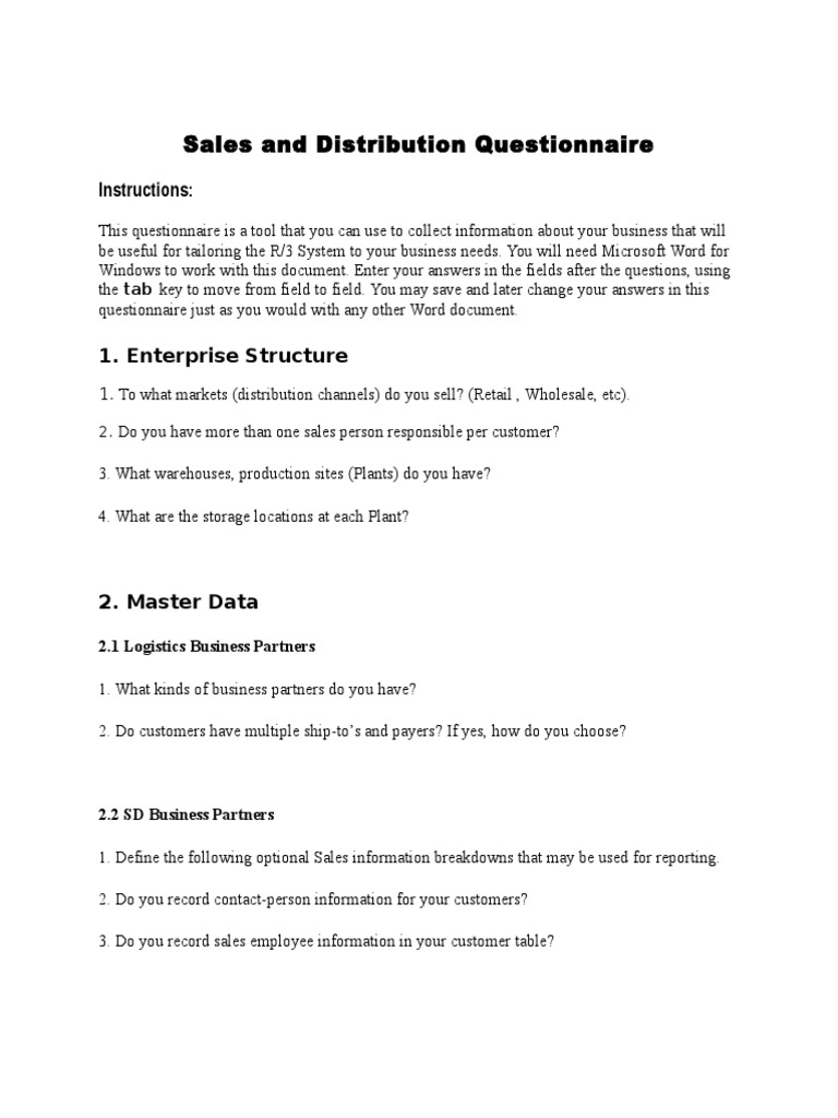 Sales and Distribution Questionnaire | PDF | Discounts And Allowances ...