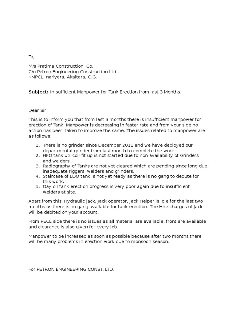 Subject: in Sufficient Manpower For Tank Erection From Last 3 Months | PDF