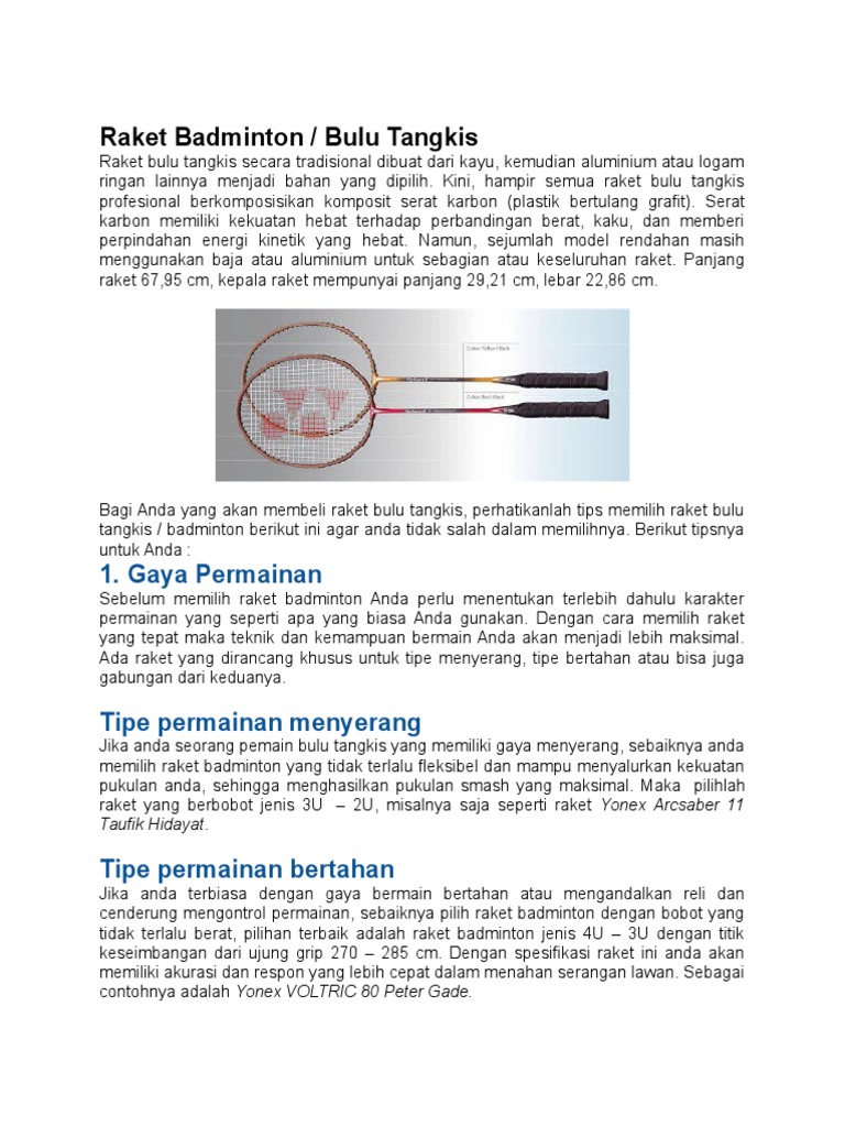 Spesifikasi dan Tips Memilih Raket Badminton | PDF | Griya & Taman