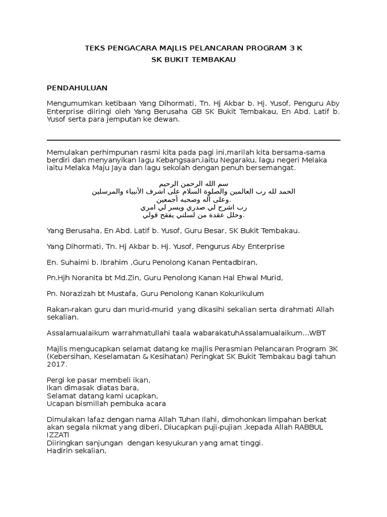 Teks Pengacara Majlis Pelancaran 3K | PDF