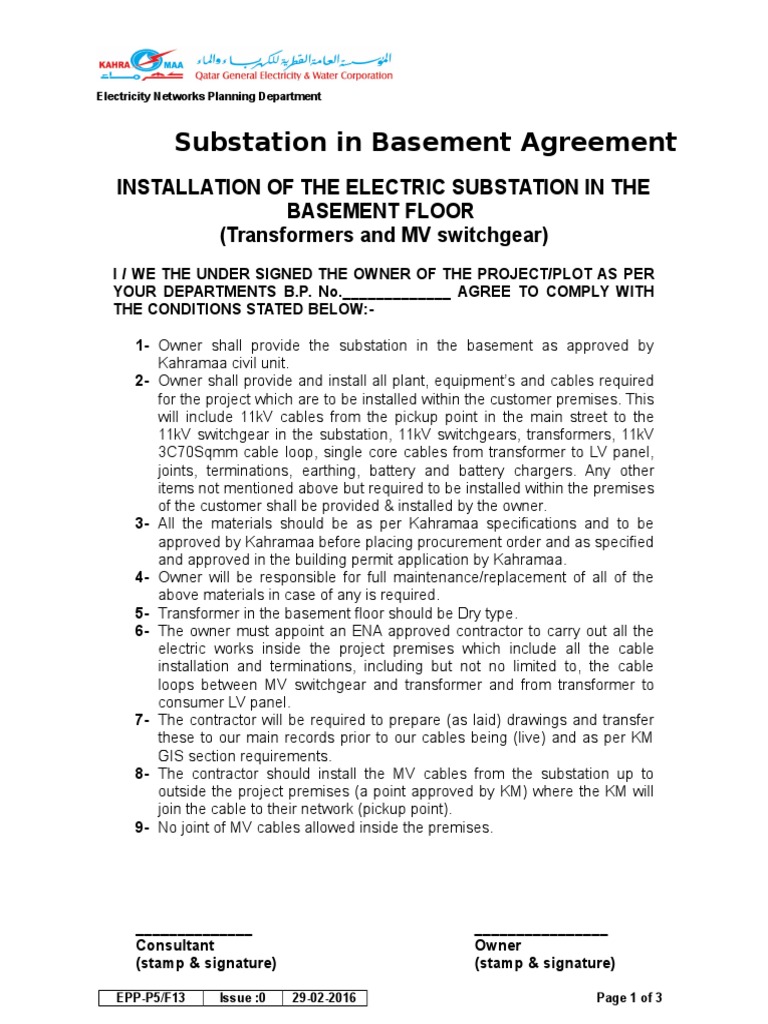 Substation Basement Installation Agreement | PDF | Electrical ...