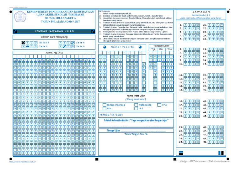 LJK SD Tahun 2016-2017 Versi UJIAN - MPFdocuments Website Indonesia | PDF