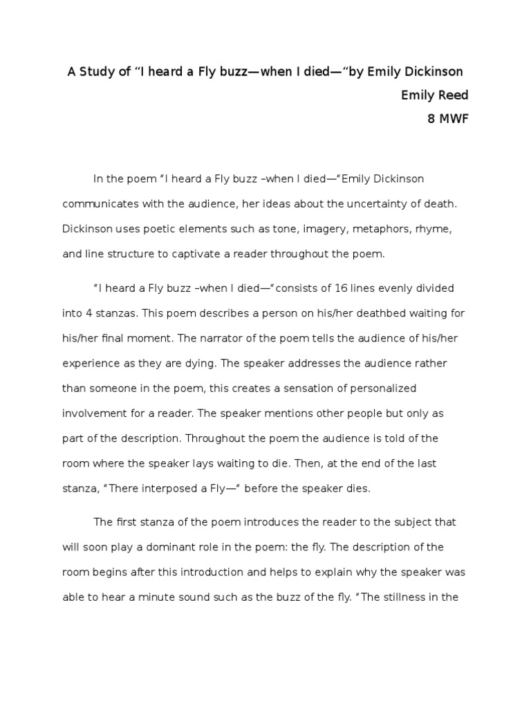 Emily Dickinson Analysis of I Heard A Fly Buzz When I Died | PDF ...