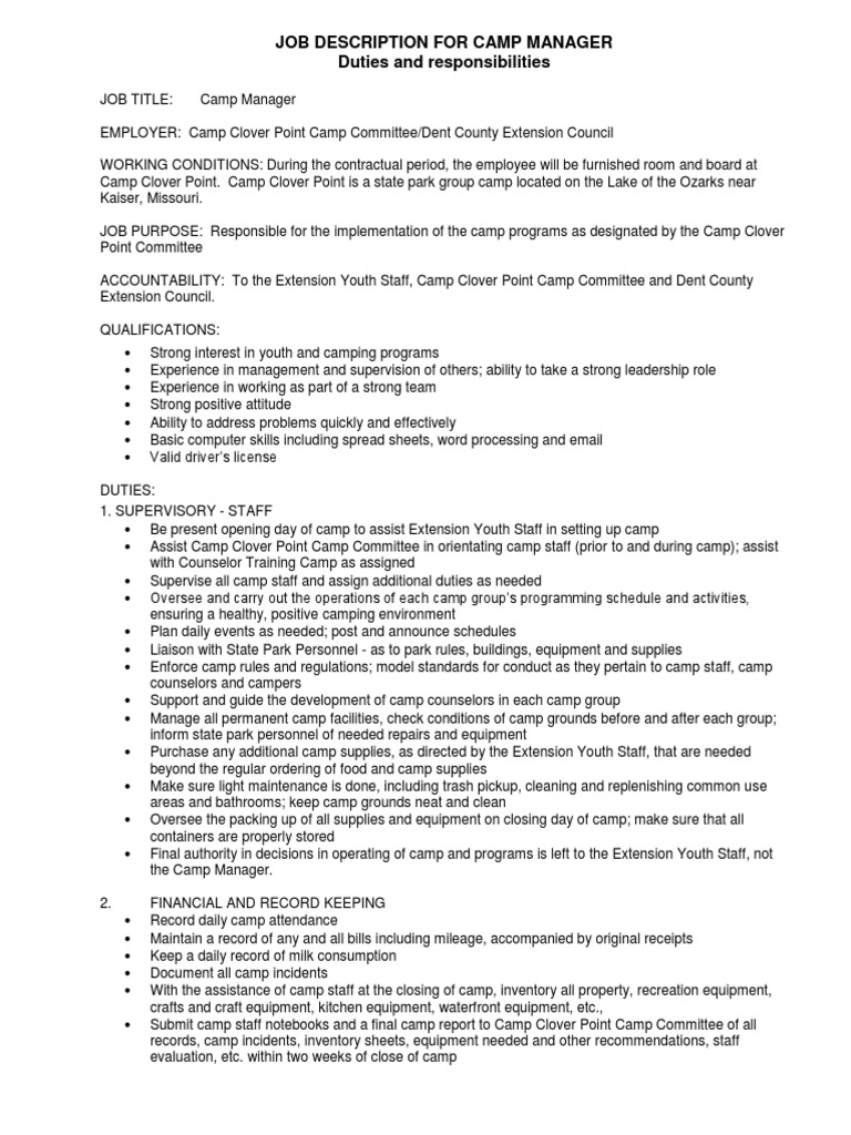 Job Description For Camp Staff 15 | PDF | Camping | Employment