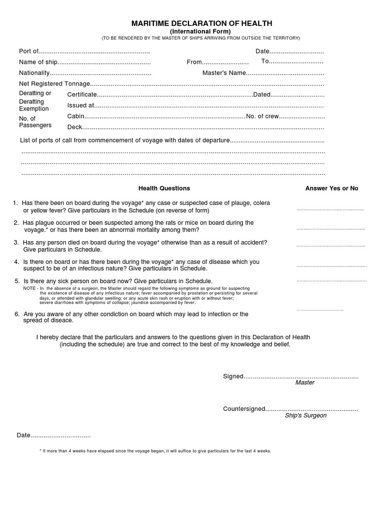 International Maritime Declaration of Health Sample | Plague (Disease ...