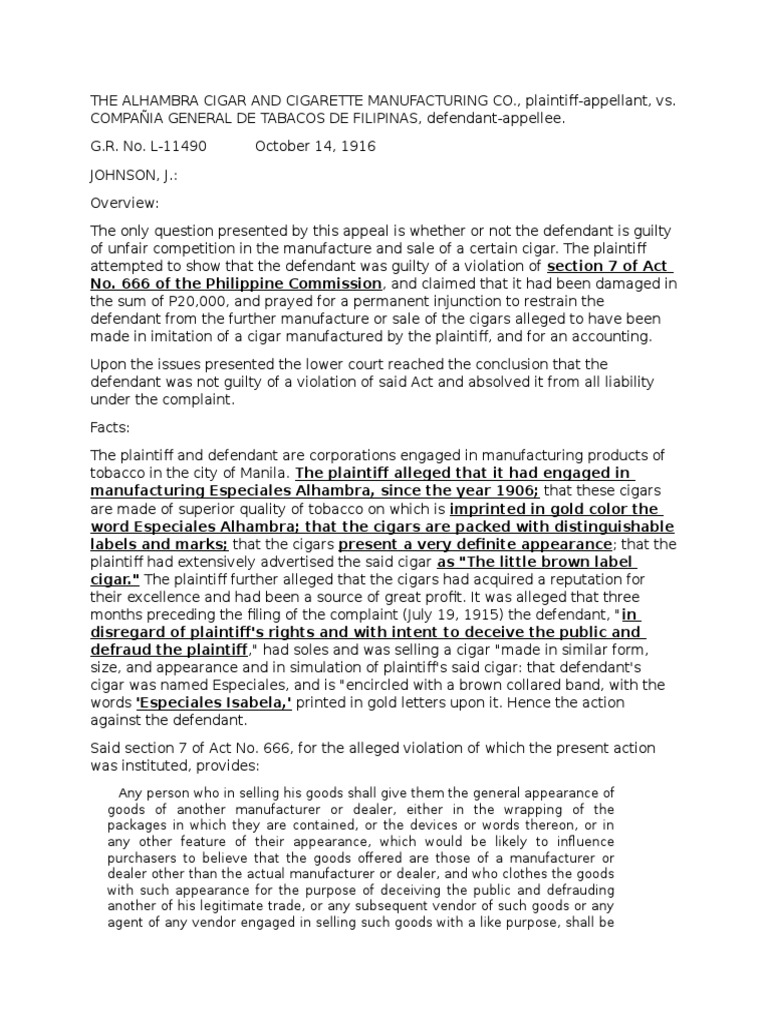 Alhambra Cigar Competition Case | PDF | Cigar | Trademark