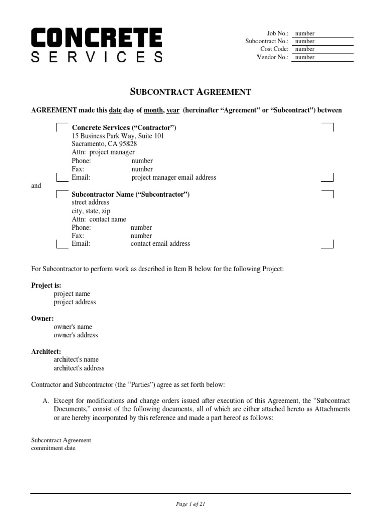 Concrete Services Standard Subcontract | PDF | Surety Bond | Indemnity