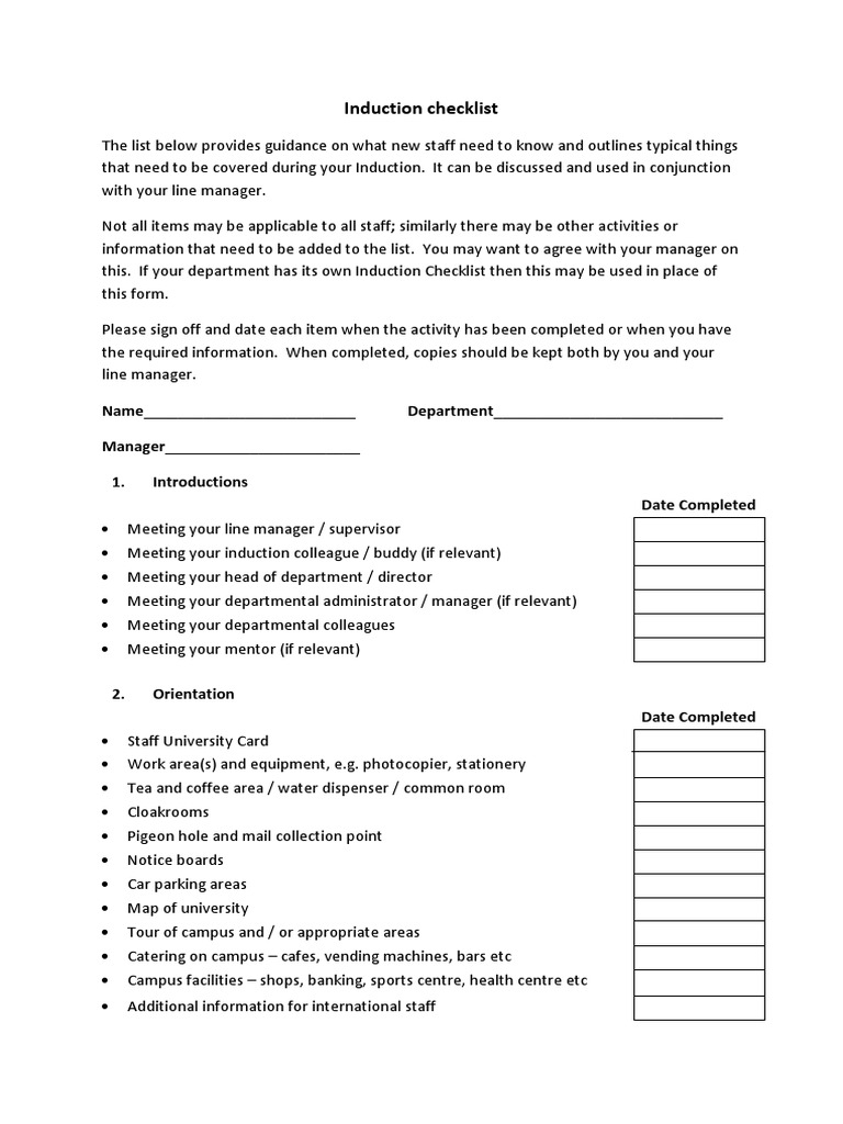 Induction Checklist Format Payroll Occupational Safety And Health