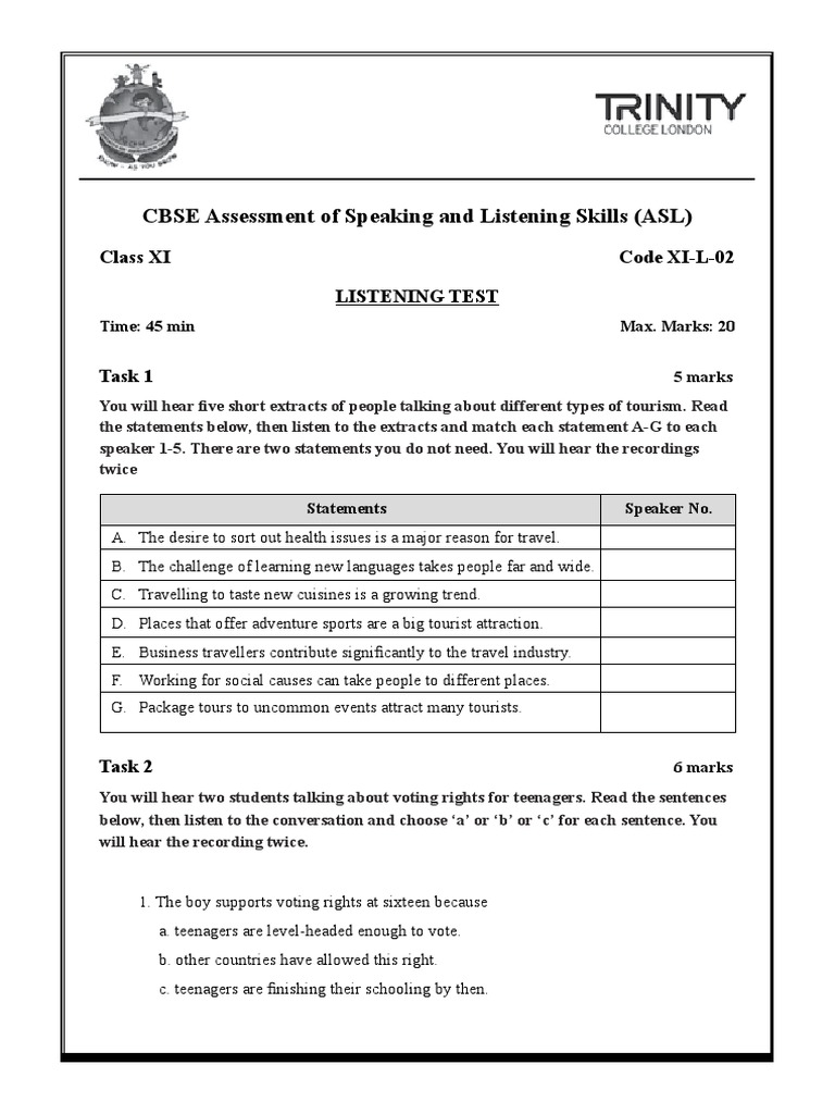 ASL Listening Assessment for Class XI | PDF