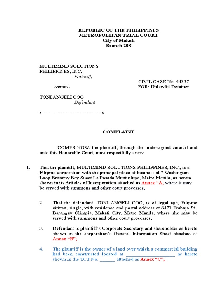 Draft Complaint Unlawful Detainer | PDF | Lawsuit | Complaint