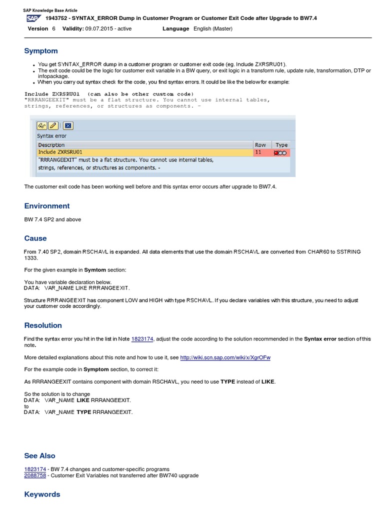 Syntax Error Dump In Customer Program Or Customer Exit Code After Upgrade To Bw74 Pdf Pdf