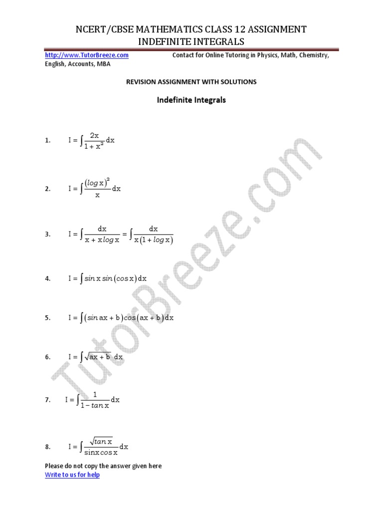 Ncert/Cbse Mathematics Class 12 Assignment Indefinite Integrals | PDF | Teaching Mathematics ...