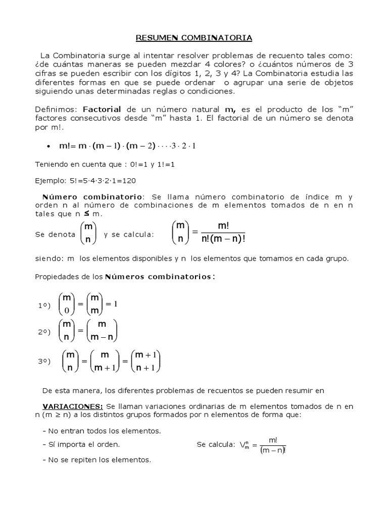 Resumen de Combinatoria PDF | PDF | Permutación | Combinatoria