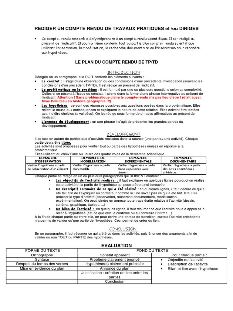 Rediger Un Compte Rendu de TP | Expérience | Science