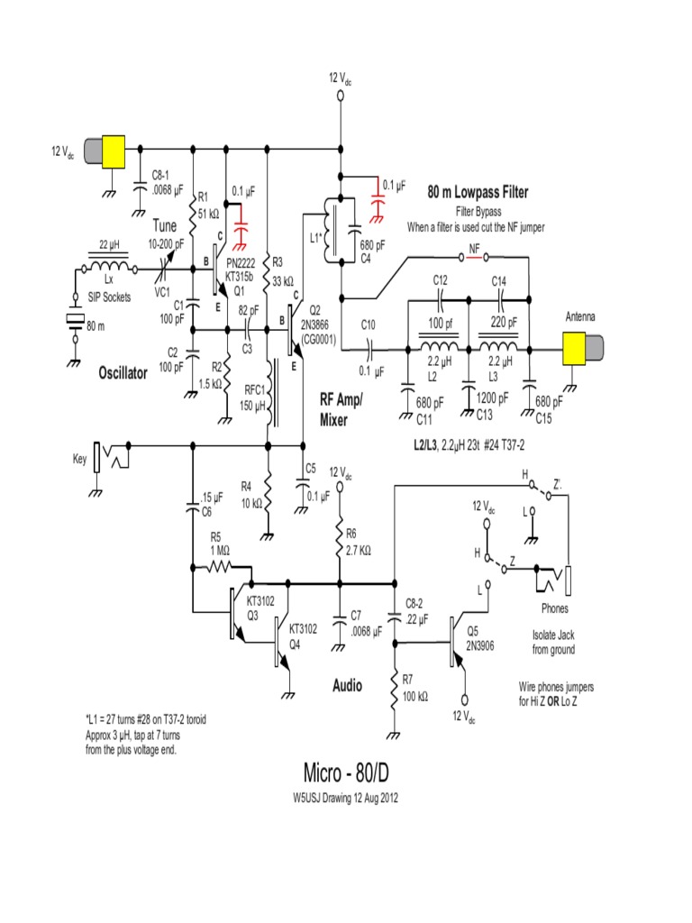 Circuit diagram for a 12 Vdc 80 meter low-pass filter and RF amplifier ...
