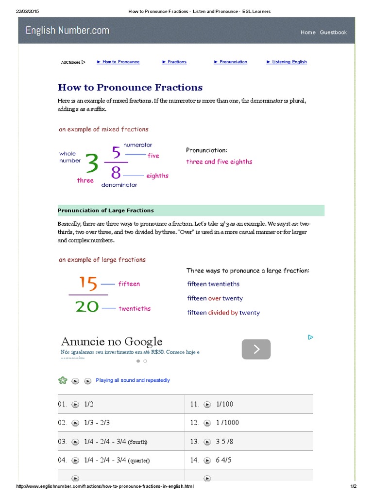 ESL Guide: Pronouncing Fractions | PDF | Fraction (Mathematics ...