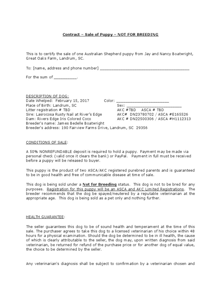 Dog Contract - No Breeding | PDF | American Kennel Club | Veterinary ...