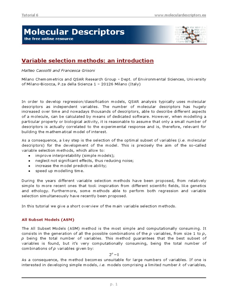 T6 Moleculardescriptors Variable Selection | PDF | Akaike Information Criterion | Regression ...