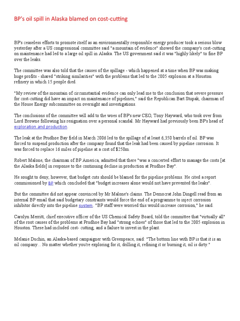 BP's Oil Spill in Alaska Blamed On Cost-Cutting | PDF | Oil Spill | Bp