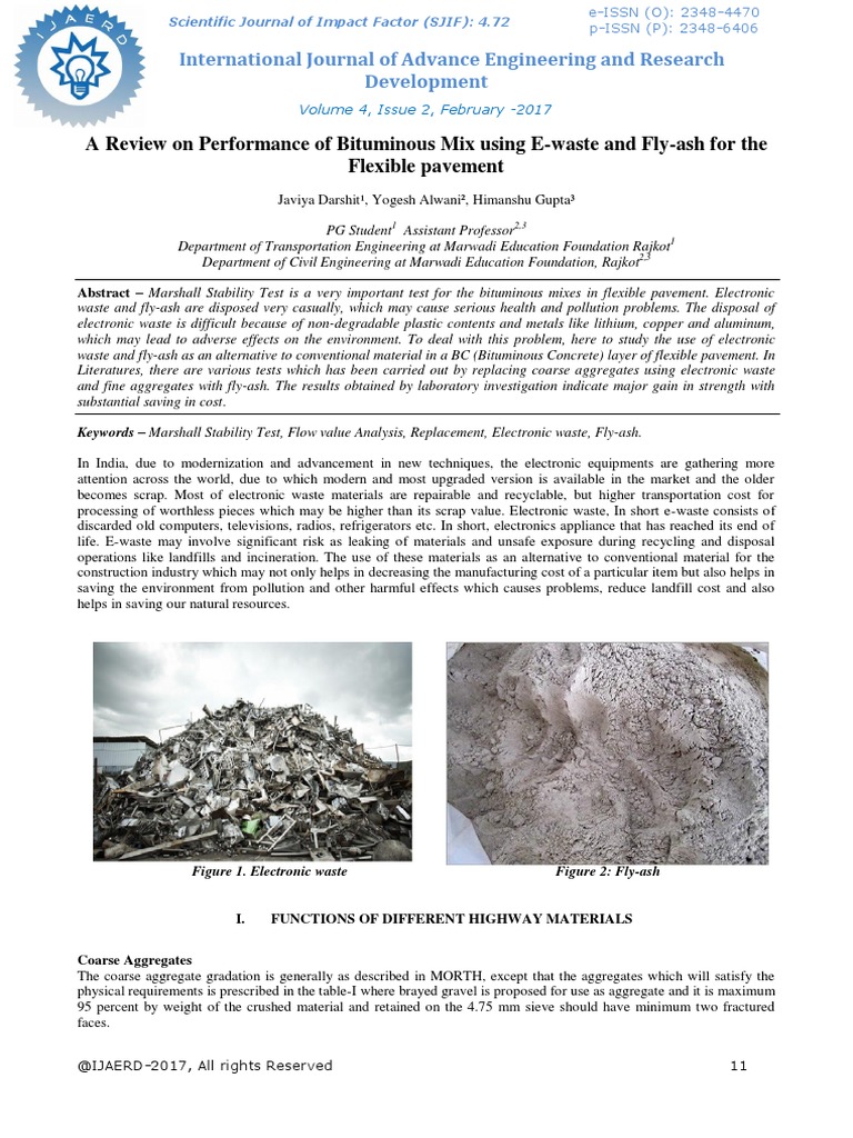 A Review On Performance of Bituminous Mix Using E-Waste and Fly-Ash For ...