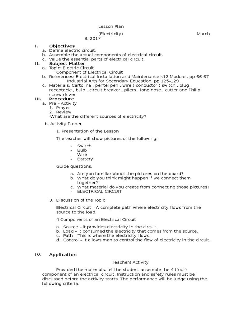 Electric Circuit Lesson Plan for Grades 6-10 | PDF | Lesson Plan ...