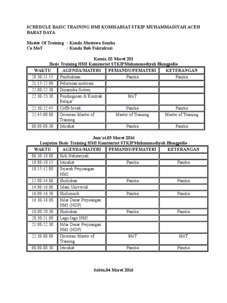 Schedule Basic Training Hmi Komisariat Stkip Muhammadiyah Aceh Barat Daya | PDF