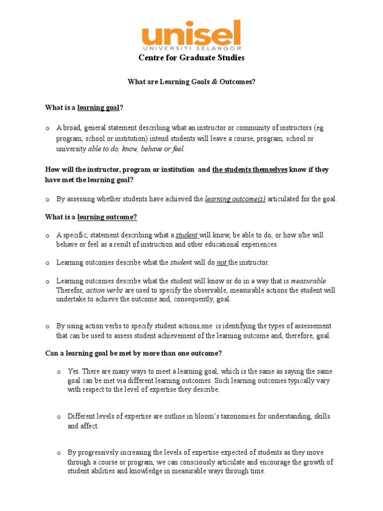 What Are Learning Goals and Outcomes - Jan 2014 | PDF | Goal | Expert