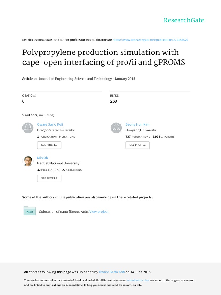 Polypropylene Production Simulation With Cape-Open Interfacing of Pro ...