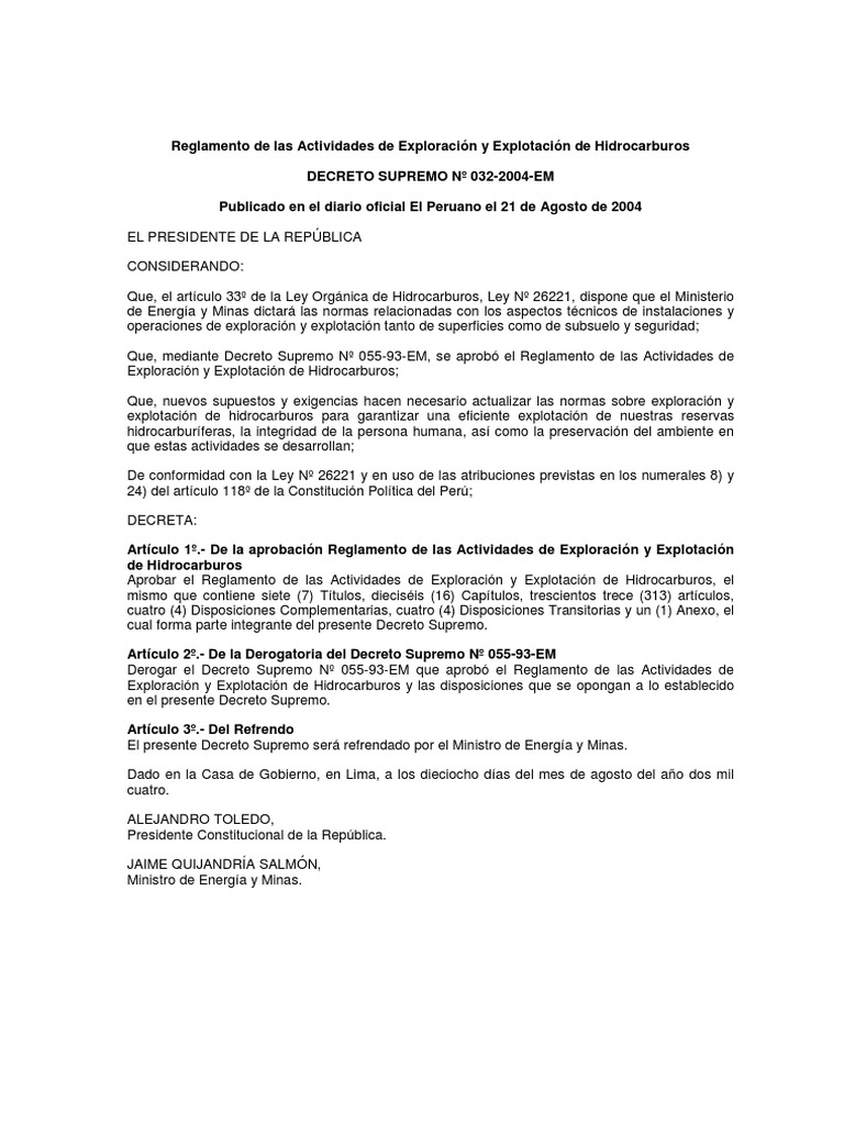 Decreto Supremo 032 2004 em Hidrocarburos | PDF | Petróleo | Gas natural