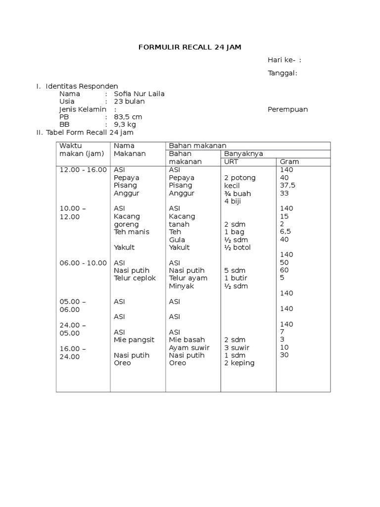 Formulir Recall 24 Jam | PDF