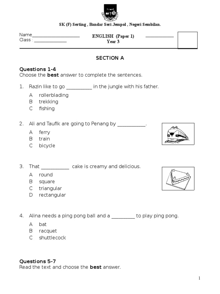 Year 3 Paper 1 | PDF | Food And Drink | Foods