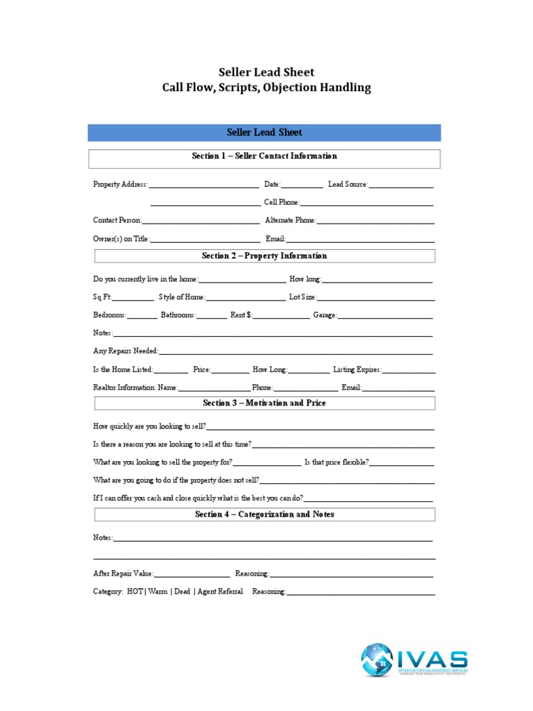 Seller Lead Sheet Process and Scripts | PDF | Real Estate Broker | Sales