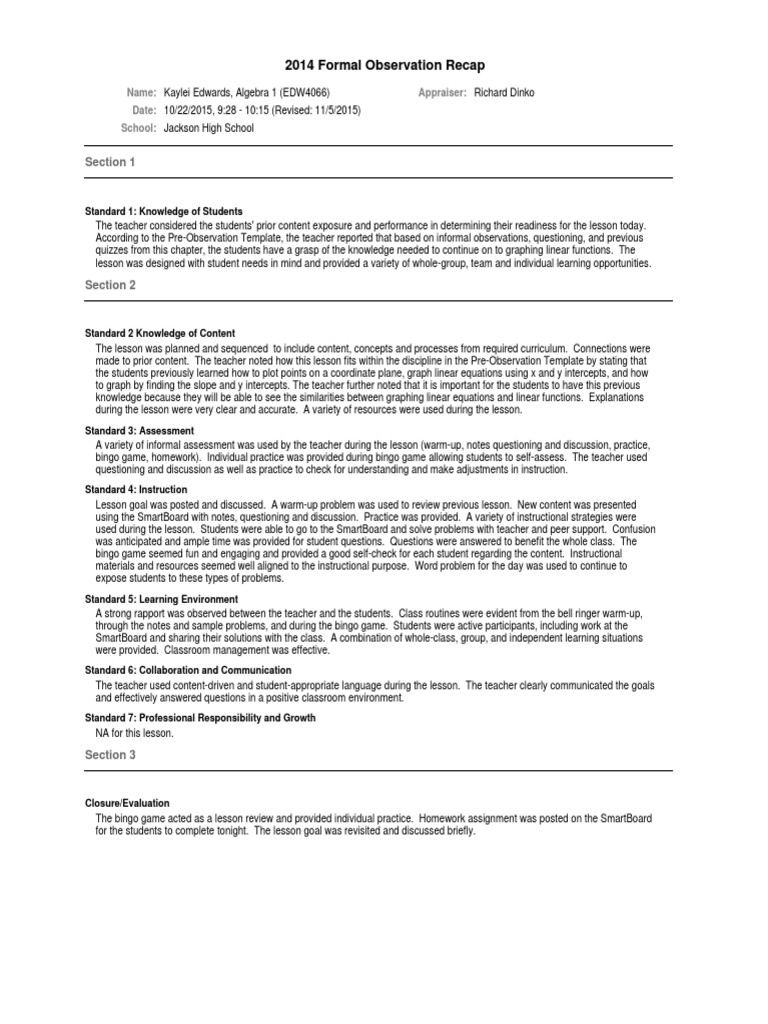 Formal Observation Recap 2 | PDF | Classroom Management | Quality Of Life
