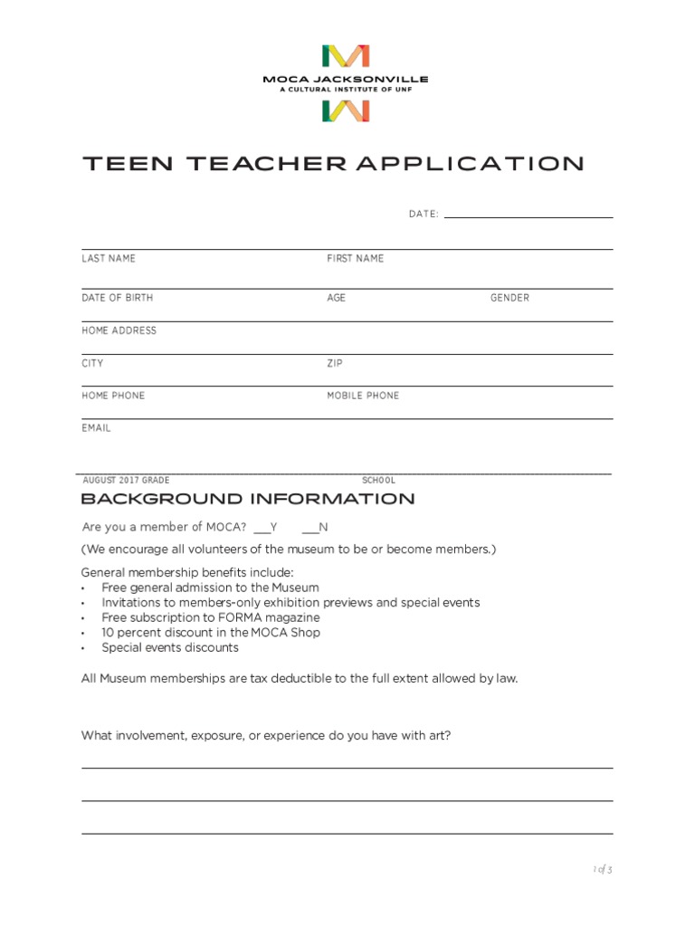 MOCA Teen Teacher Application Form | PDF | Wellness