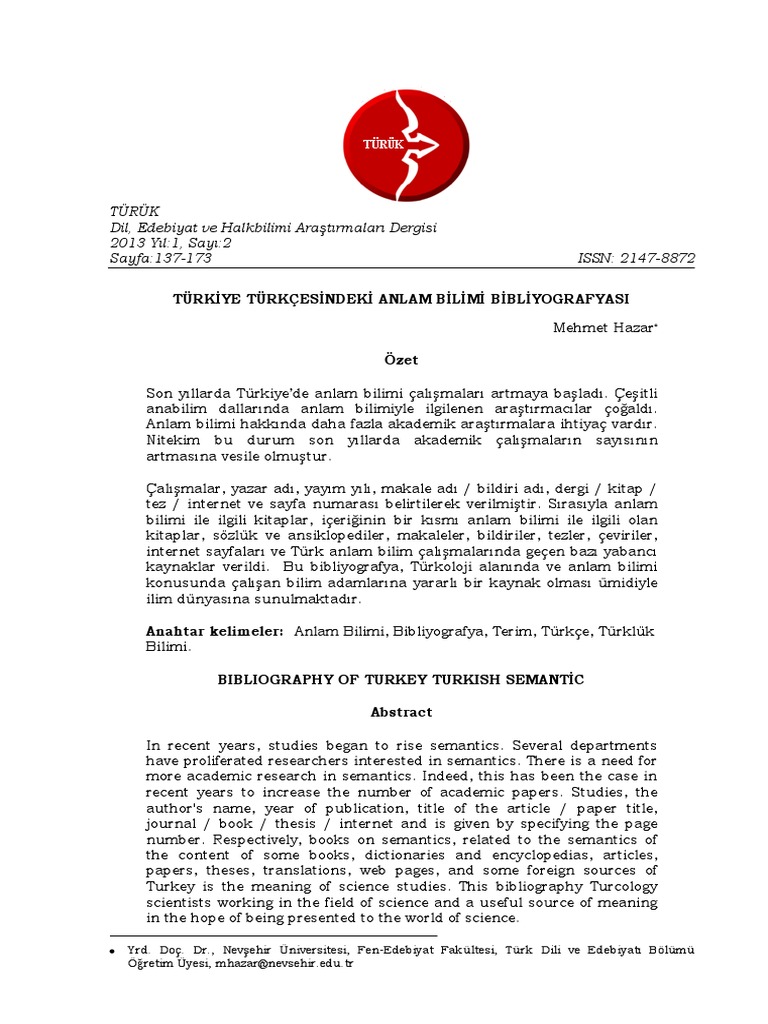 Turk Anlam Bilimi Bibliyografyasi PDF | PDF
