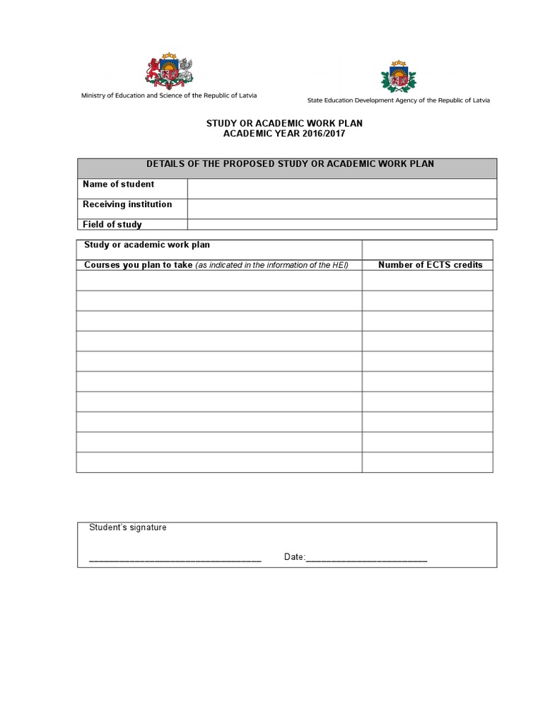 Study or Academic Work Plan ACADEMIC YEAR 2016/2017: (As Indicated in ...