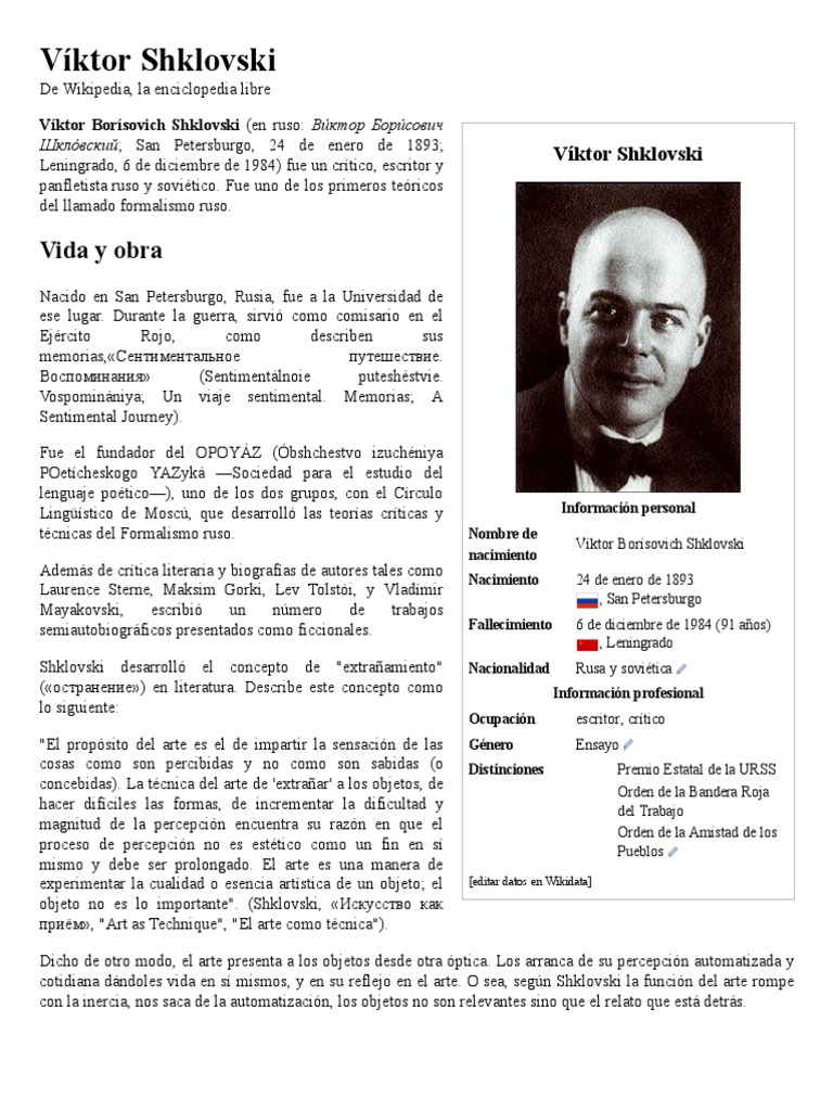 Breve Resña Sobre Víktor Shklovski | PDF | Estética | Personas