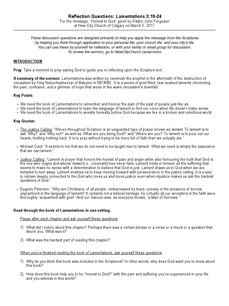Reflection Questions: "Honest To God" (Lamentations 3:19-24) | PDF ...