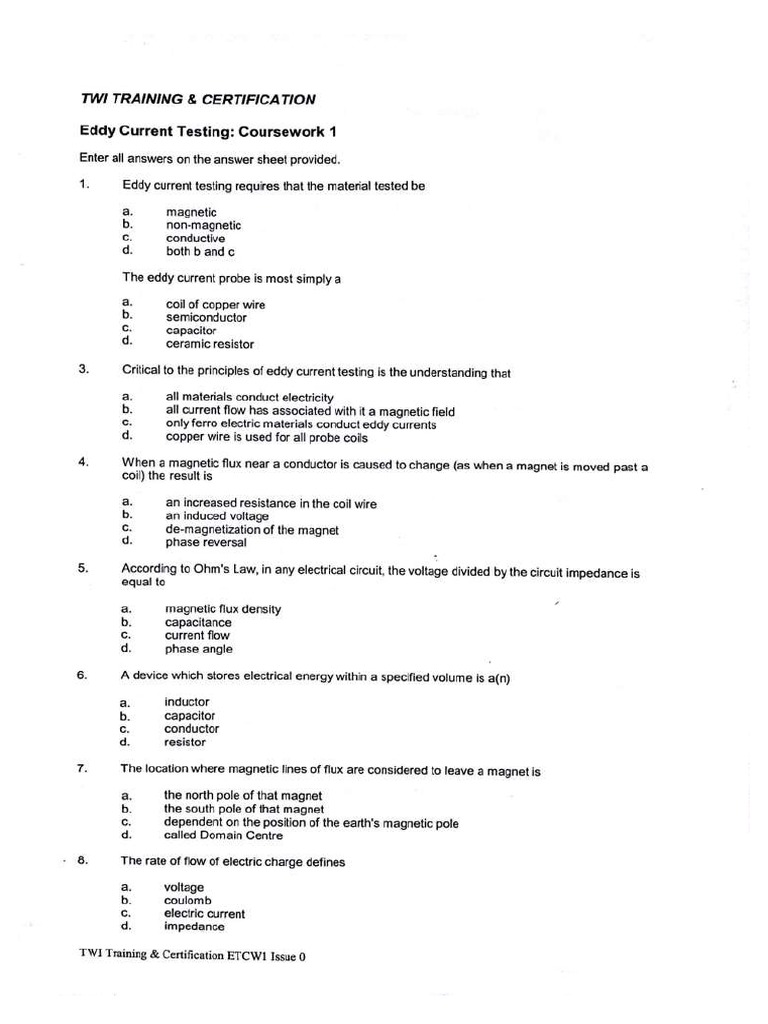 Eddy Current PCN Level 2 Practice Questions 1 | PDF