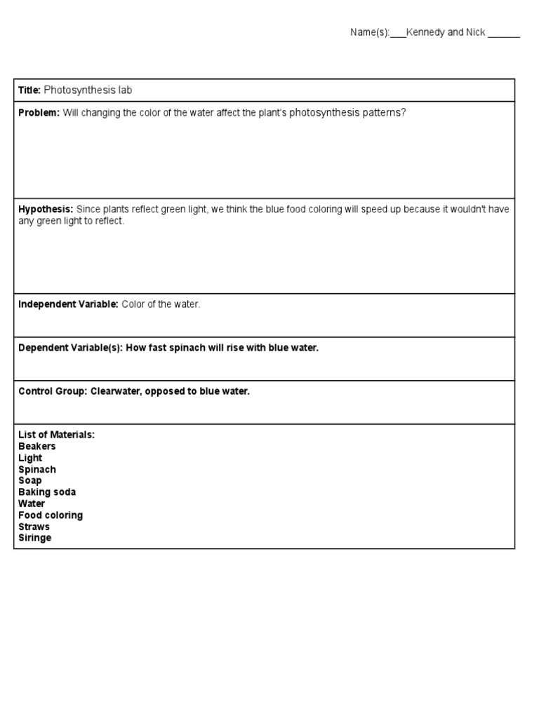Photosynthesis Lab Photosynthesis Patterns?: Name(s) : - Kennedy and ...