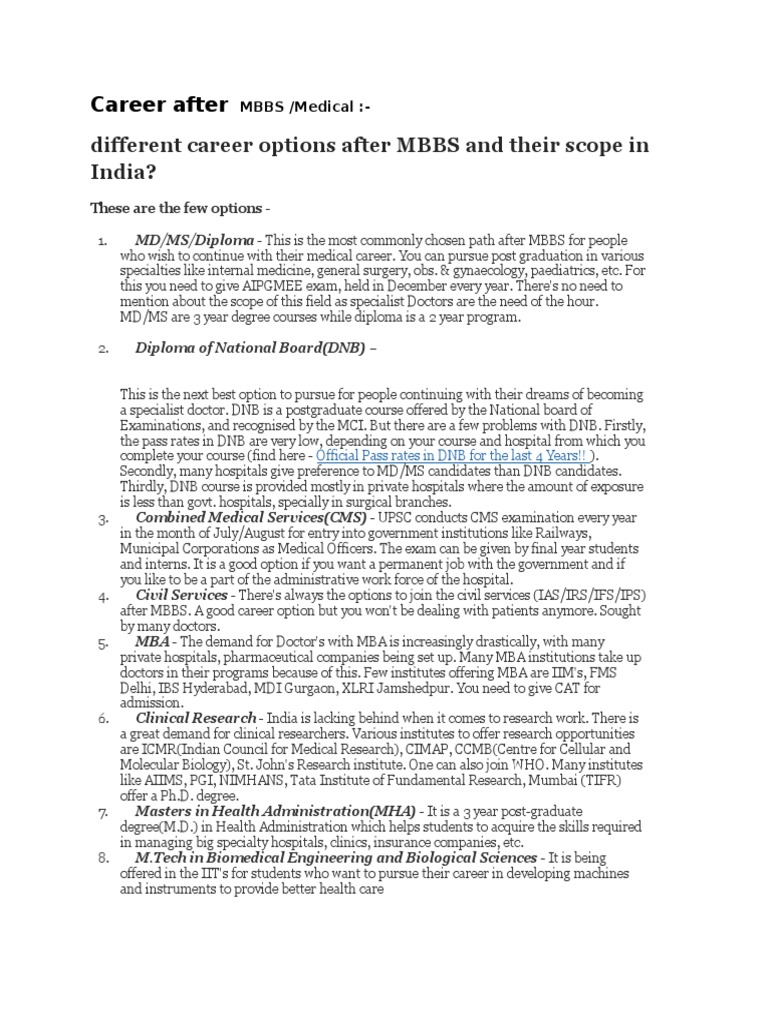 Different Career Options After MBBS and Their Scope in India? | PDF ...