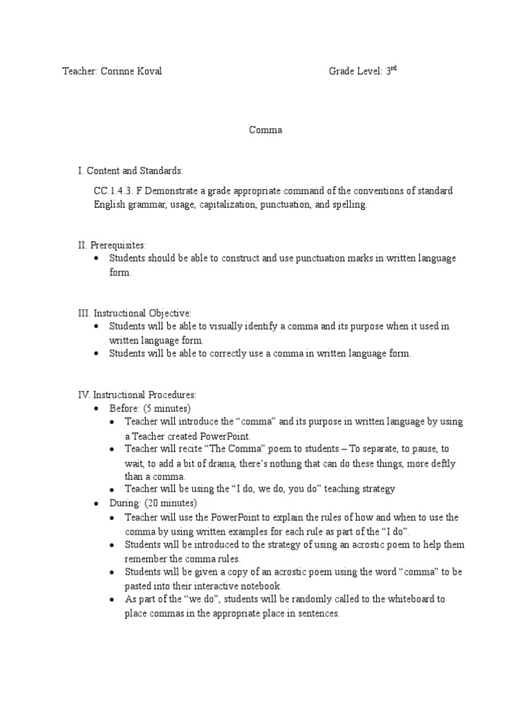 Comma Lesson Plan | PDF | Comma | Punctuation