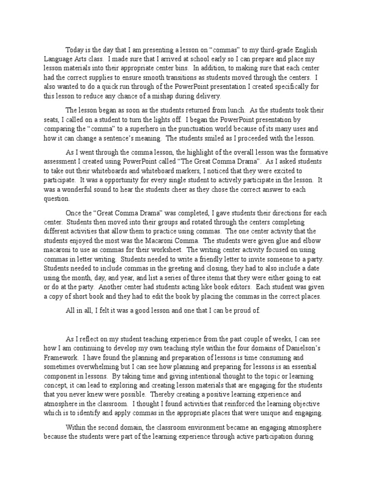 Comma Lesson Plan Reflection | PDF | Educational Assessment | Learning