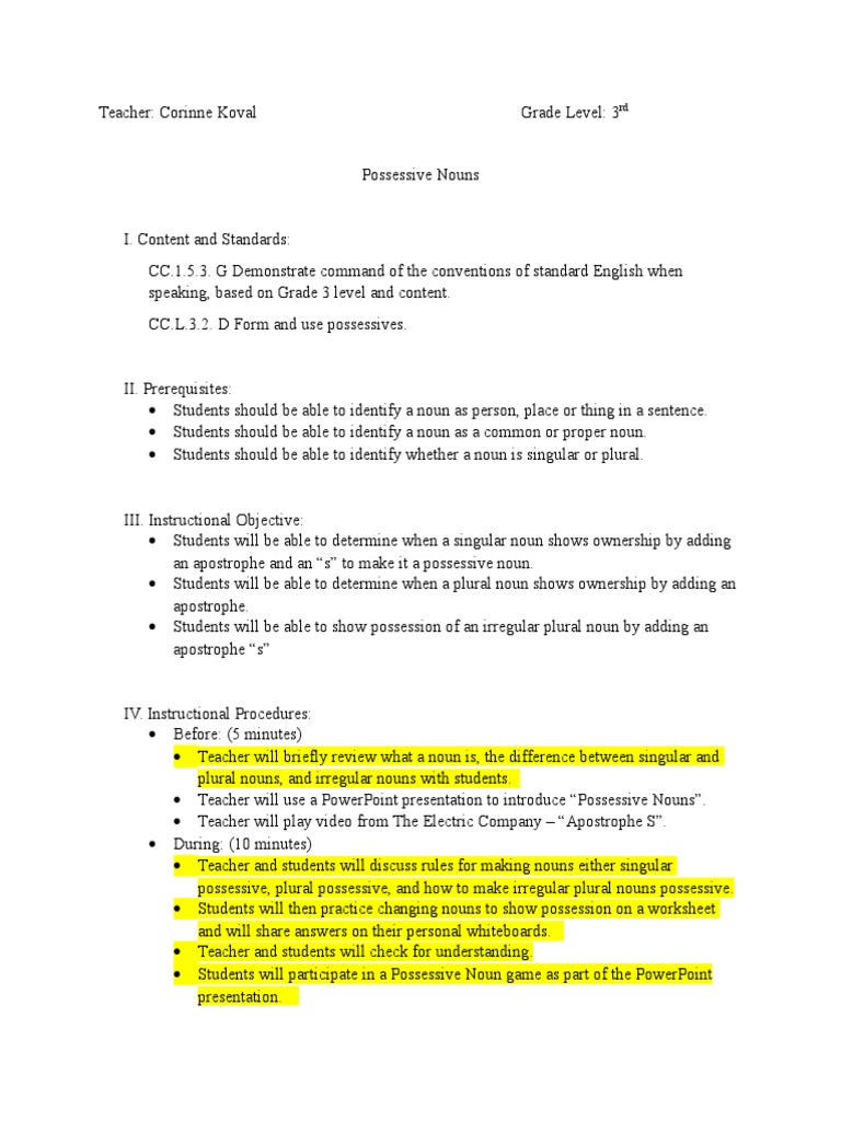 Possessive Noun Lesson Plan Highlight and Comments | PDF | Grammatical ...